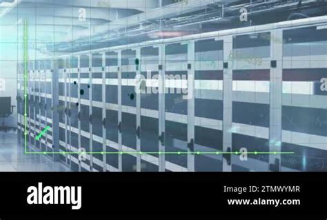 Animation Of Mathematical Equations Data Processing And Light Trails Against Computer Server