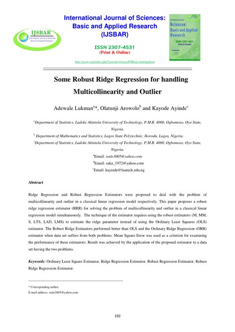 Pdf Some Robust Ridge Regression For Handling Multicollinearity And Outlier