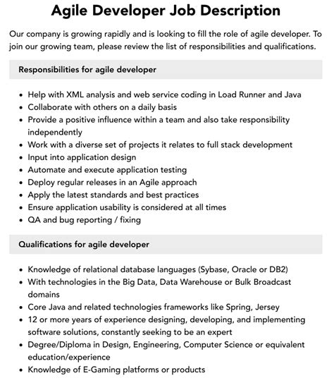 Agile Developer Job Description Velvet Jobs