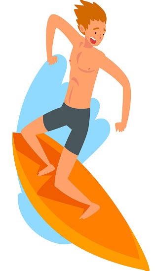 Male Surfer Character Riding Waves With Surfboard Summer Recreational