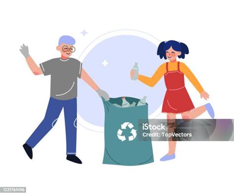 소년과 소녀 쓰레기 봉투에 플라스틱 쓰레기를 수집 아이들은 재활용 벡터 일러스트레이트를 위해 쓰레기를 따기 독일에 대한 스톡