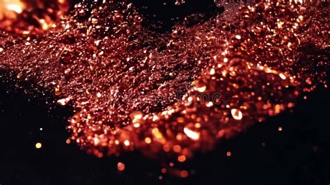 Dynamic Drops Of Red Glitter In Black Oil Or Ink Diffusing Through Liquid Creating An Abstract