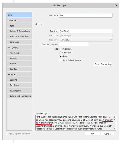 Default Base Group X And Y Offset In The Text Style Editor Affinity