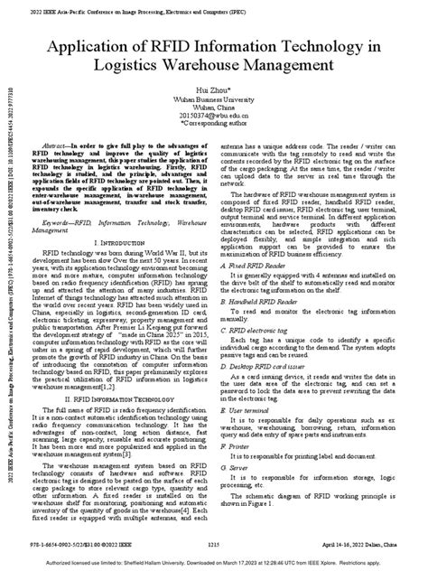 Application Of Rfid Information Technology In Logistics Warehouse Management Pdf Radio