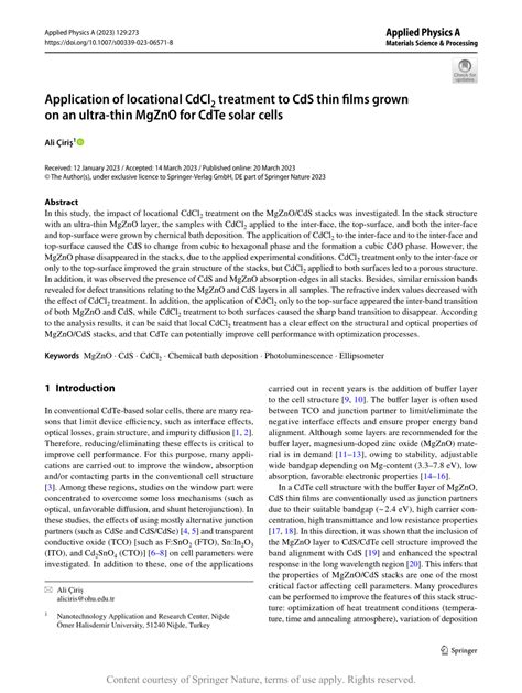 Application Of Locational Cdcl2 Treatment To Cds Thin Films Grown On An