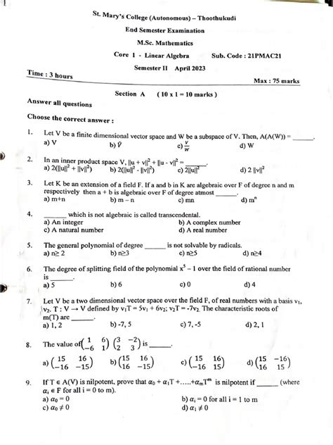 Algebra Question Paper Pdf