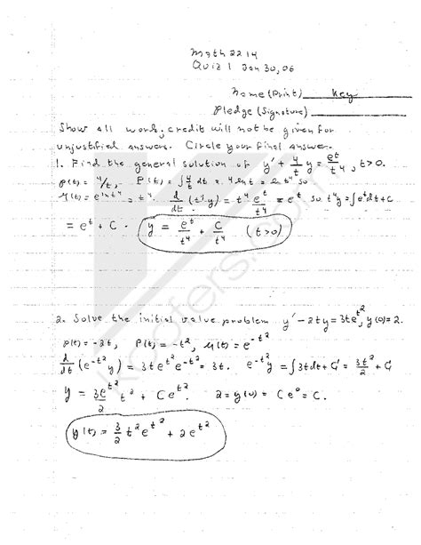 Quiz 1 Key Introduction To Differential Equations Math 2214 Docsity