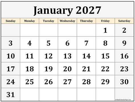 January 2027 Calendar Free Printable Calendars