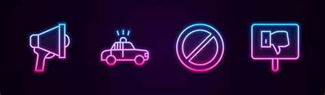 세트 라인 메가 폰 경찰 차와 점멸기 금지 및 항의 빛나는 네온 아이콘 벡터 경계 표지에 대한 스톡 벡터 아트 및 기타 이미지 경계 표지 경찰관 교통수단 Istock
