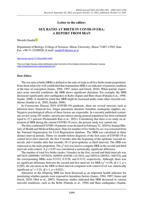 PDF Sex Ratio At Birth In COVID 19 Era A Report From Iran