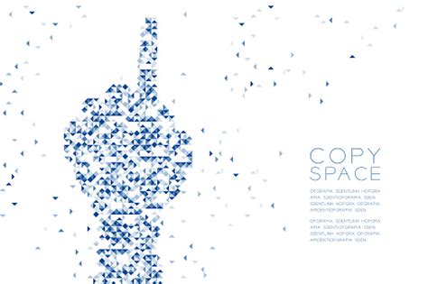 추상적인 기하학적 다각형 사각형 상자와 삼각형 패턴은 한 손으로 모양 화 개념 디자인 파란색 그림 복사 공간 흰색 배경에 고립