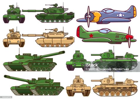 군사 현대 탱크입니다 육군 기갑된 전투 차량입니다 포병의 대포 오래 된 군사 항공기 전투기 미국 완구류에 대한 스톡 벡터 아트