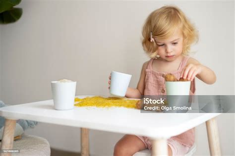 아기 소녀 테이블에서 곡물 견과류 파스타 및 쌀을 가지고 노는 유아 감각 조기 발달 아기 어린이를위한 교육 아이 유용한 게임 미세 운동 기술 개념 복사 공간 12 17