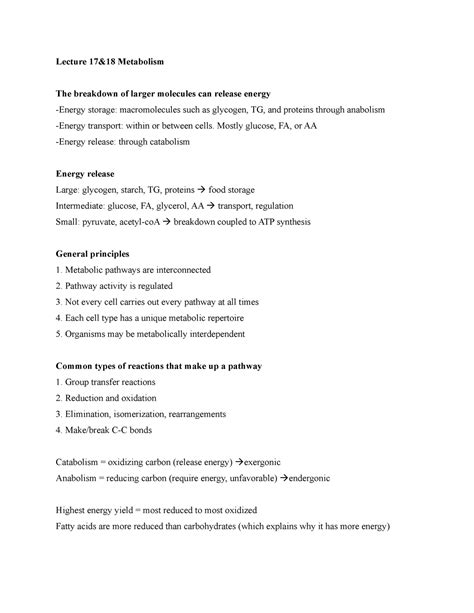 BIOC Notes Bioc Lecture 17 18 Metabolism The Breakdown Of Larger Molecules Can Release Studocu