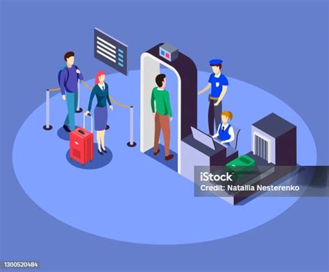 공항 보안 검사점 등색 벡터 일러스트레이션 파란색 배경에 격리 된 항공사 안전 측정 3d 개념 승객은 금속 탐지기 수하물 검사로 확인 공항에 대한 스톡 벡터 아트 및 기타