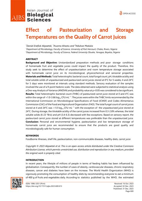 Pdf Effect Of Pasteurization And Storage Temperatures On The Quality Of Carrot Juices