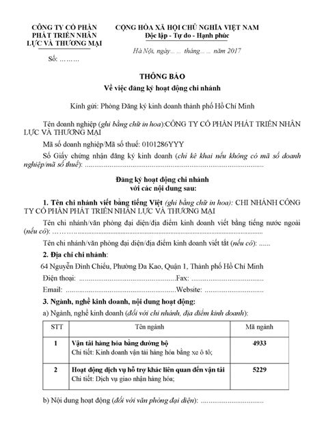 Thủ tục mẫu hồ sơ thành lập chi nhánh công ty cổ phần