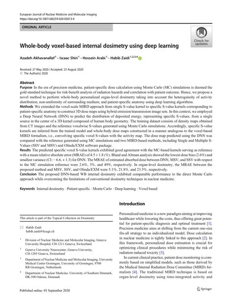 Pdf Whole Body Voxel Based Internal Dosimetry Using Deep Learning