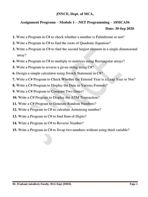 Jnnce Mca C Programming Assignments Pdf