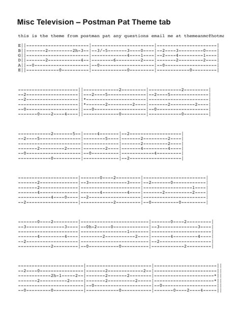 Postman Pat Theme Tab With Lyrics By Misc Television For Guitar At Guitaretab Pdf