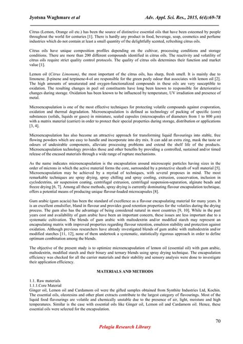 Microencapsulation Of Lemon Oil By Spray Drying And Application In