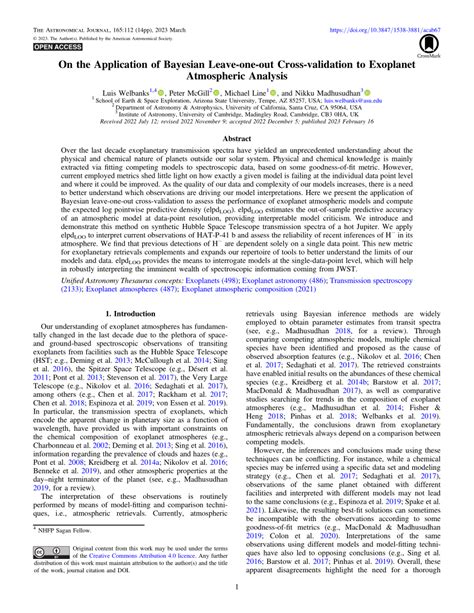 Pdf On The Application Of Bayesian Leave One Out Cross Validation To Exoplanet Atmospheric