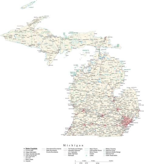 Michigan Detailed Cut Out Style State Map In Adobe Illustrator Vector Format Detailed Editable