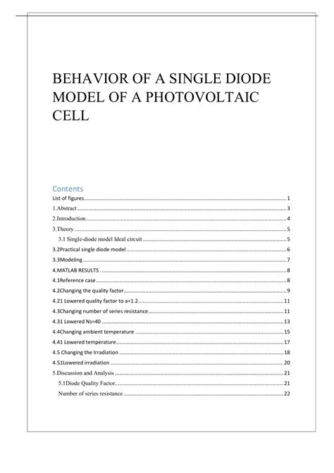 Behavior Of A Single Diode Model Of A Photovoltaic Cell Bachelor Of