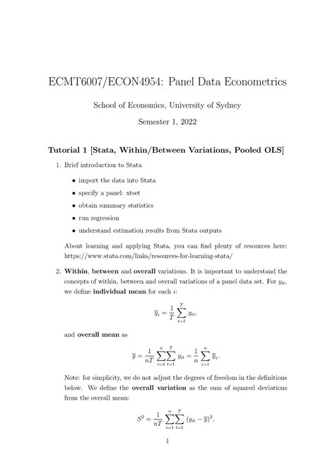 Ecmt6007 2022 Tutorial 1 Key Ecmt6007 Econ4954 Panel Data Econometrics School Of Economics
