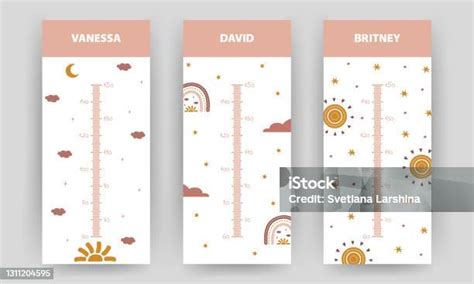 키즈 높이 차트 세트 귀여운 보헤미안 무지개와 달미터 벽 낙서 만화 스타일의 벡터 일러스트레이션 유치한 성장 차트 보육 설계를 위한 포스터 템플릿 0명에 대한 스톡 벡터