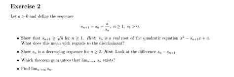 solved exercise 2 let a 0 and define the sequence sn 1