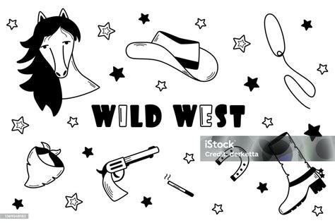벡터 일러스트의 와일드 웨스트 세트 낙서의 카우보이 서부 요소 말 머리 말굽 권총 올가미 부츠와 모자 미 술집에 대한 스톡 벡터