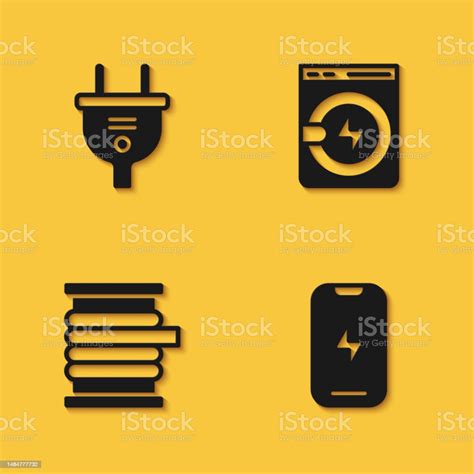 긴 그림자가 있는 전기 플러그 휴대폰 와이어 전기 케이블 릴 및 와셔 아이콘을 설정합니다 벡터 가사 집안일에 대한 스톡 벡터 아트 및 기타 이미지 Istock