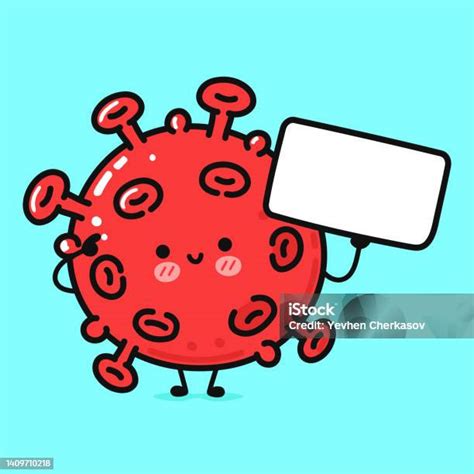 포스터와 귀여운 재미있는 바이러스 벡터 손으로 그린 만화 카와이 캐릭터 일러스트 레이 션 아이콘 파란색 배경에 격리되어 있습니다