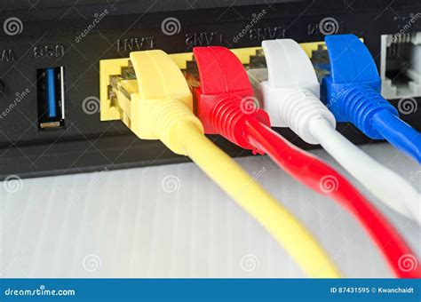 Ethernet Cables Connect To Router Or Switch Stock Image Image Of Port Color