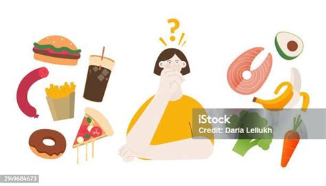 무엇을 선택할지 고민하는 하얀 피부색의 여성 물음표 건강하고 패스트 푸드 웹 사이트 배너입니다 버거 감자튀김 도넛 소시지 피자 탄산음료 연어 브로콜리 당근 바나나 아보카도
