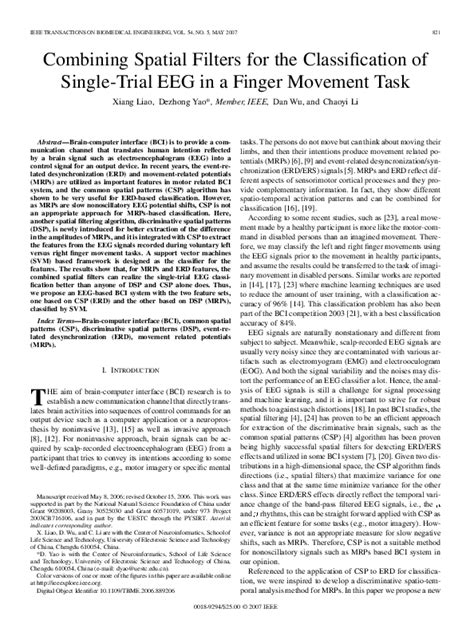 Pdf Combining Spatial Filters For The Classification Of Single Trial Eeg In A Finger Movement Task