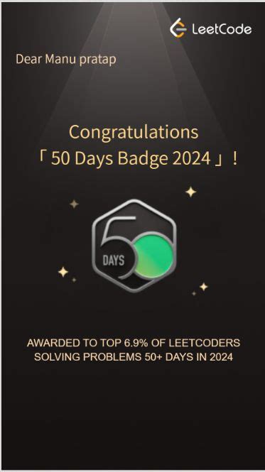 Earned The 50 Days Badge On Leetcode Manu Pratap Singh Shekhawat