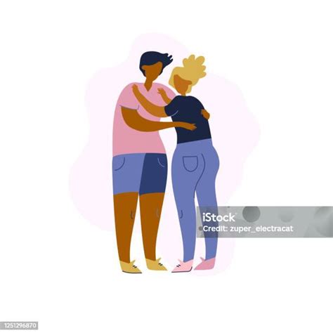 어두운 피부의 부부 남자는 여자를 껴안고 그녀는 그의 가슴에 손을 잡고 흰색 배경에 고립 된 귀여운 만화 캐릭터 가족의 포옹 우정 개념 스톡 벡터 일러스트레이션 가린 얼굴에