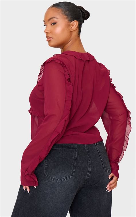 Plus Burgundy Chiffon Ruffle Fitted Tie Blouse Plus Size