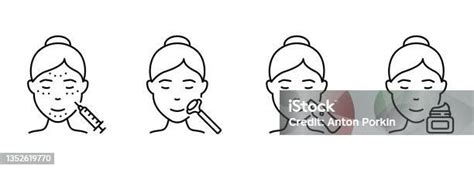 얼굴 여자 뷰티 절차 라인 아이콘 롤러 주입 초음파 클렌징 리니어 픽토그램얼굴 마사지 소녀 얼굴 스킨 케어 개요 아이콘 편집 가능한 스트로크 격리된 벡터 일러스트레이션