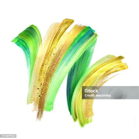 디지털 일러스트레이션 그린 골드 페인트 흰색 배경에 격리된 브러시 스트로크 네온 페인트 번짐 화려한 클립 아트 예술적 디자인