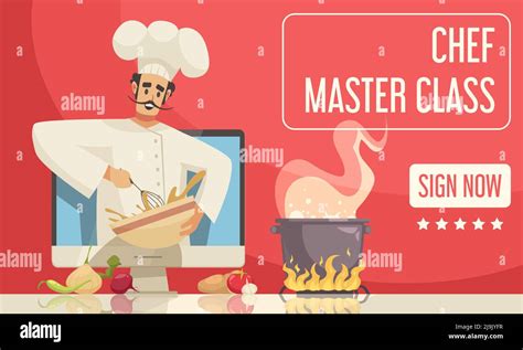 Chef Master Class Poster With Cooking Workshop Symbols Flat Vector Illustration Stock Vector