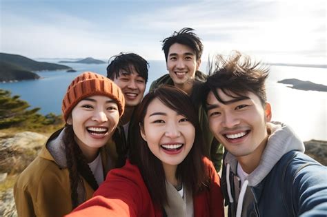 Premium Ai Image Asian Friends Capturing A Group Selfie With