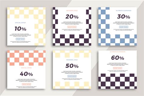 현대 기하학적 패턴을 가진 정사각형 광고 웹 배너 세트 소셜 미디어 모바일 응용 프로그램을위한 트렌디 한 판매 및 할인 프로모션 창의적인 배경 벡터 편집 가능한 배경 Eps