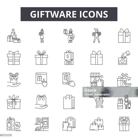 선물 웨어 라인 아이콘 기호 설정 벡터 기프트 웨어 개요 컨셉 일러스트 생일 기념일 휴일 기프트 선물 포장 크리스마스 선물 개념에 대한 스톡 벡터 아트 및 기타 이미지