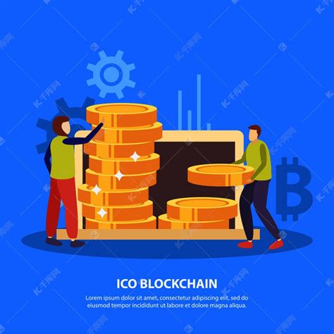 Ico 初始代币提供扁平符号蓝色背景海报，基金投资者堆积比特币代币矢量图素材图片免费下载 千库网