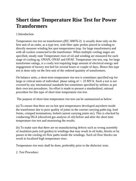 Short Time Temperature Rise Test For Power Transformers Pdf Transformer Temperature
