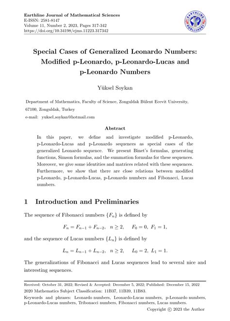 Pdf Special Cases Of Generalized Leonardo Numbers Modified P Leonardo P Leonardo Lucas And