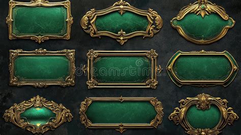 Medieval Ui Game Menu Elements Set With Green Oblong Banners And Gold
